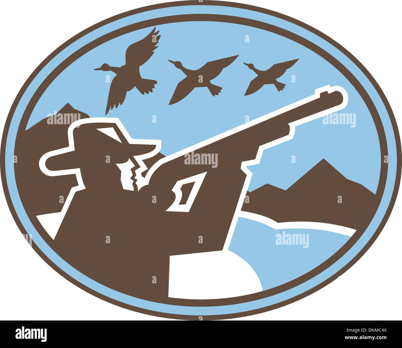 Imagery shows a Hunter aiming his shotgun viewed from side with ducks ...