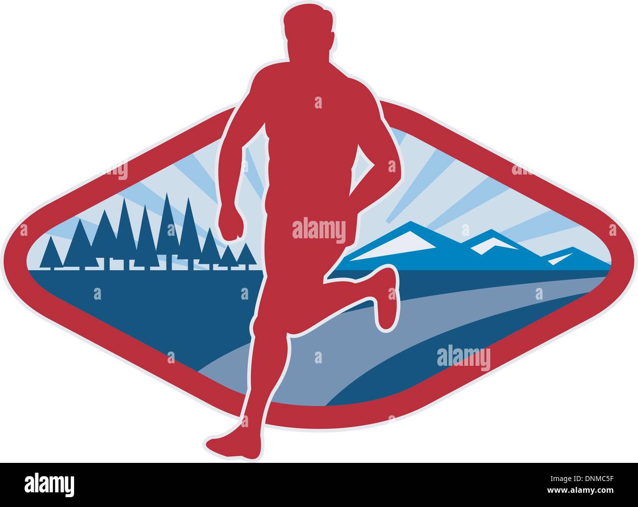 illustration of a Cross country runner with landscape and sunburst ...