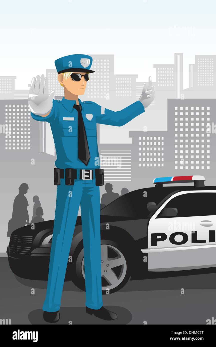 A vector illustration of a police officer managing the traffic Stock ...