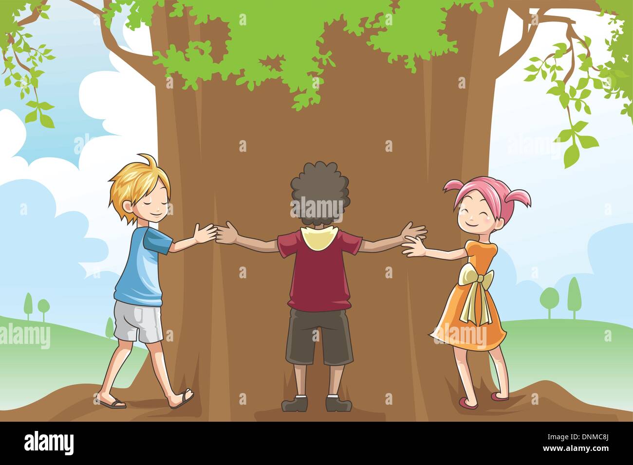 A vector illustration of kids hugging a tree showing a concept of ...