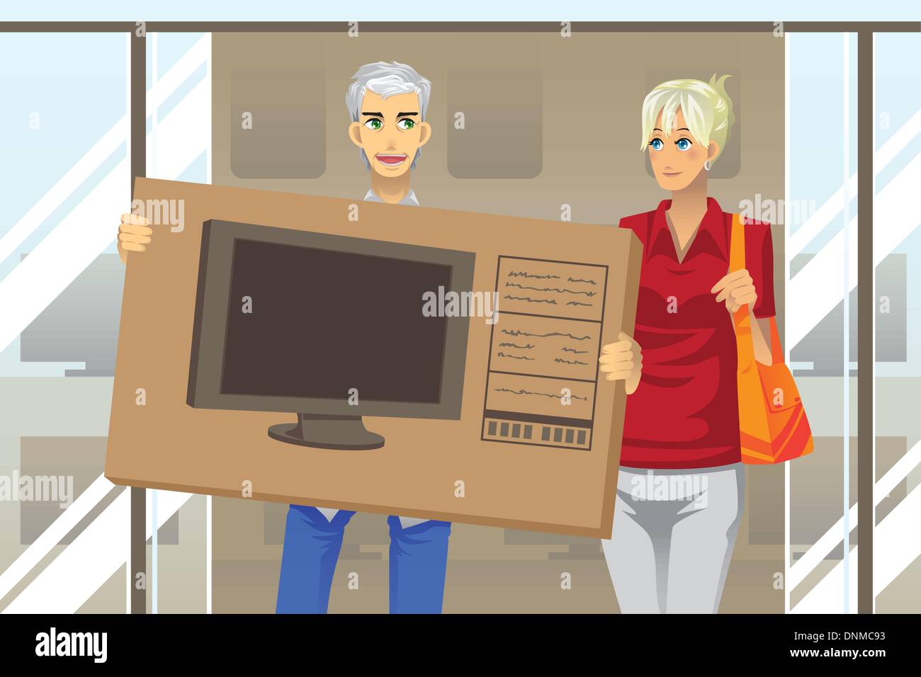 A vector illustration of a mature couple buying a big screen television ...
