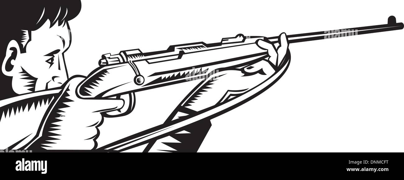 Illustration of a hunter aiming rifle gun done in retro style on ...