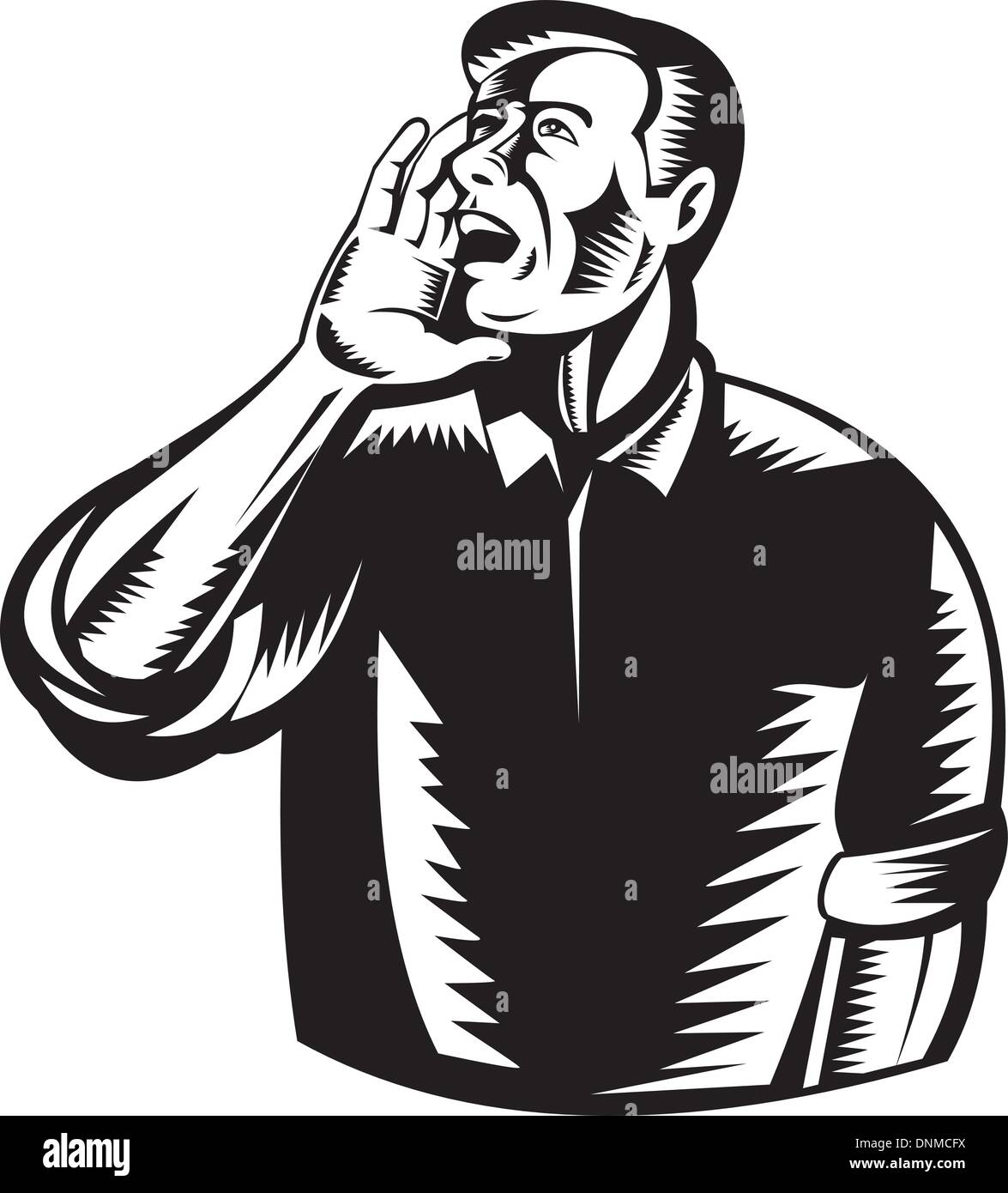 Illustration of a male worker shouting done in retro woodcut style ...