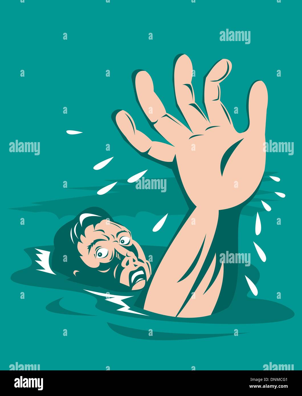 Illustration of a man hand reaching out for help almost drowning retro ...