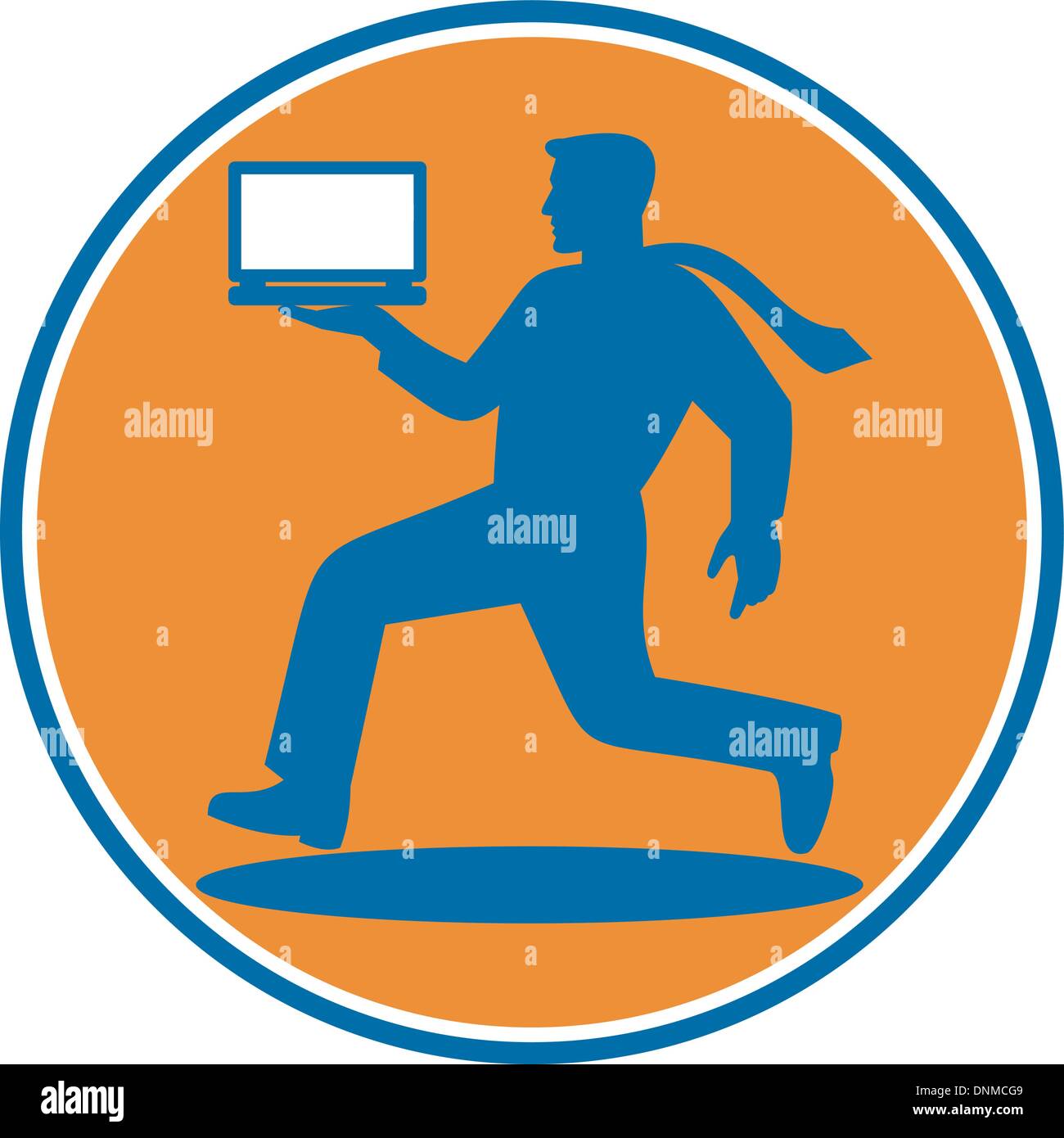 illustration of a man carrying laptop computer running viewed from the ...