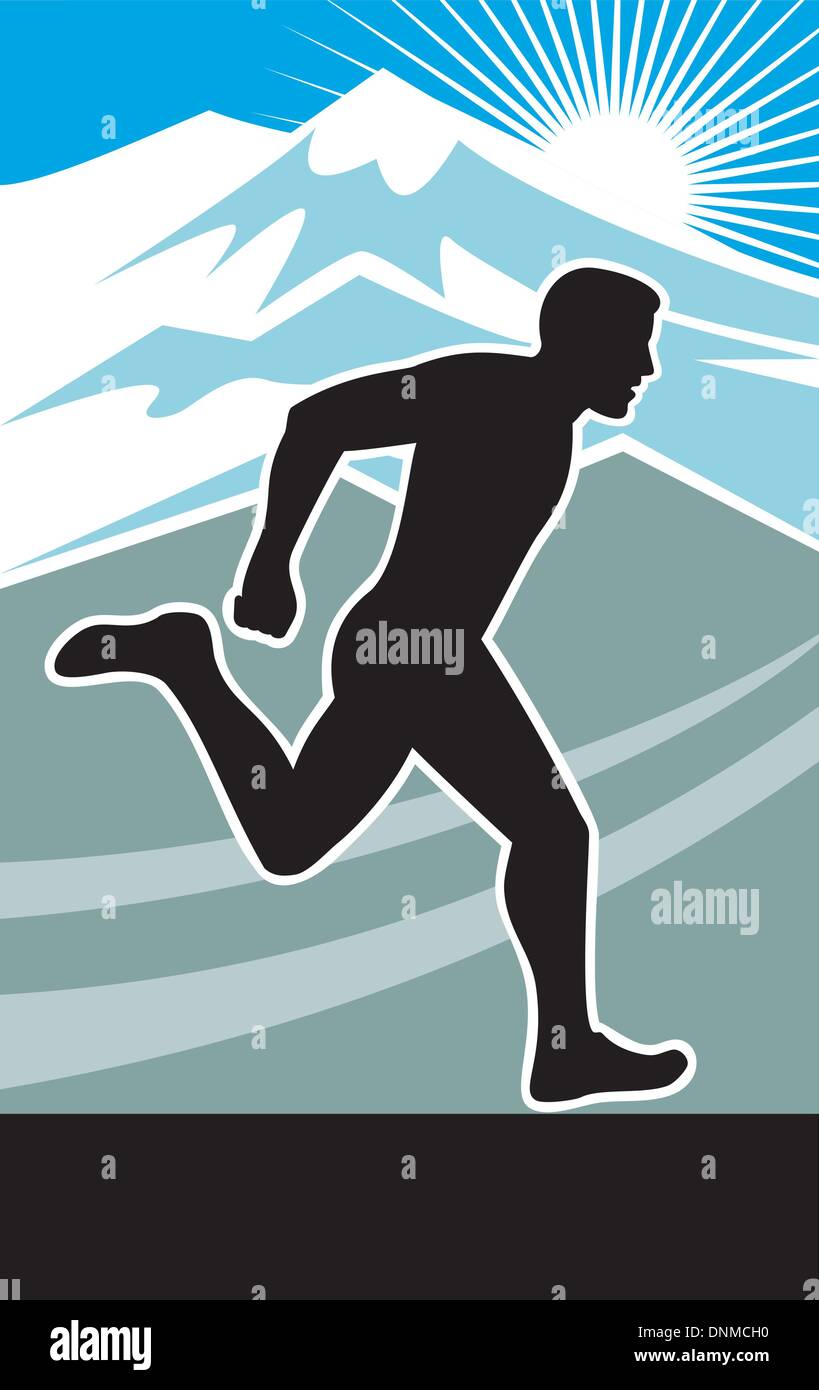 illustration of a Marathon runner silhouette side vew with mountains ...