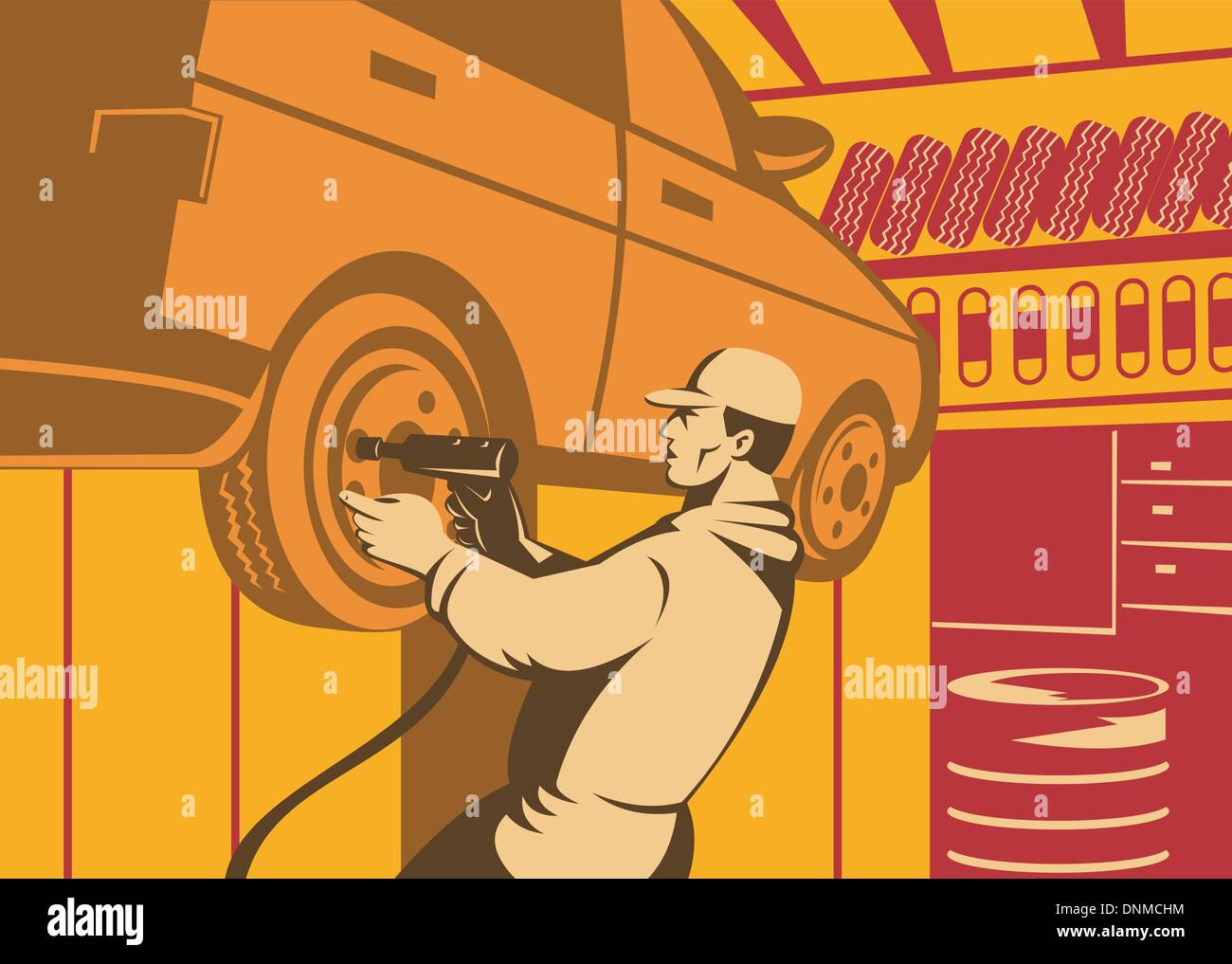 Illustration of a mechanic car repairman with pneumatic drill working ...