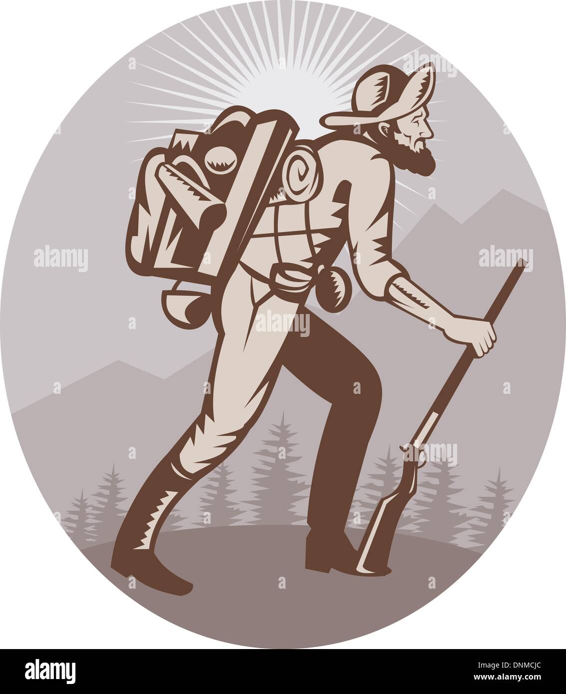 illustration of a Miner prospector hunter trapper hiking with sunburst ...