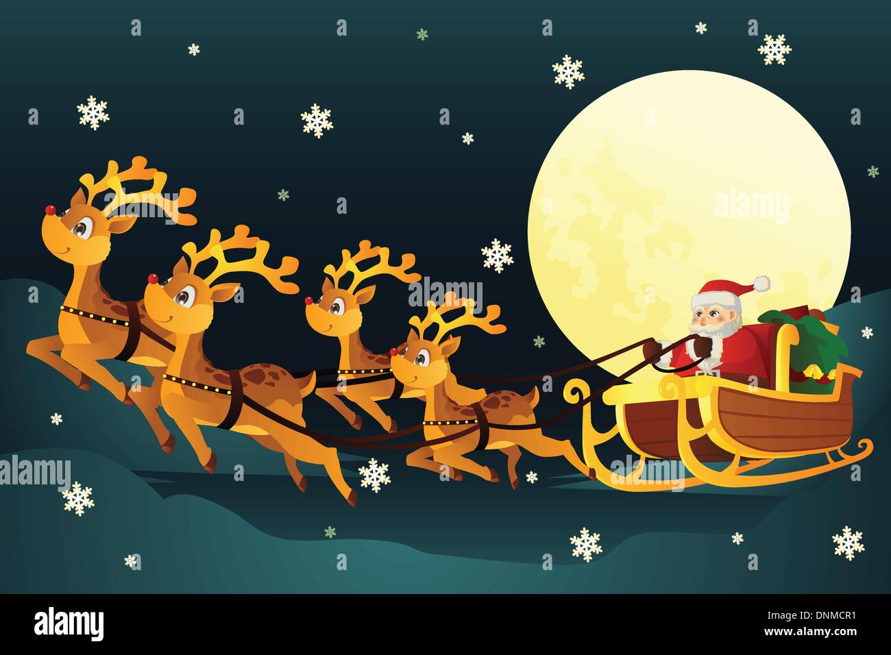 A vector illustration of Santa Claus riding the the sleigh pulled by ...