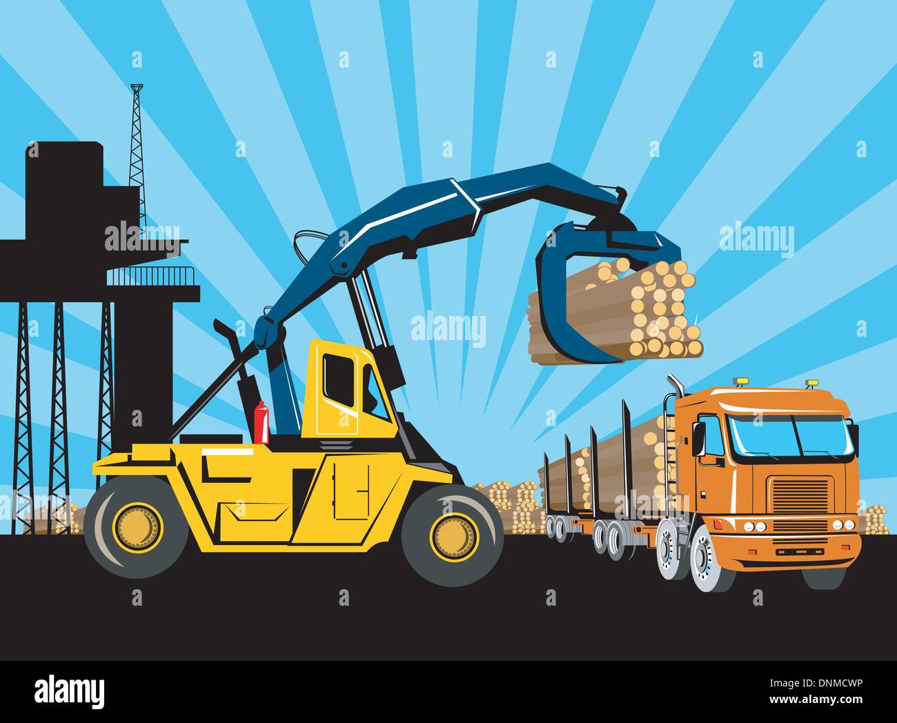 retro style illustration of an articulated logging truck being loaded ...