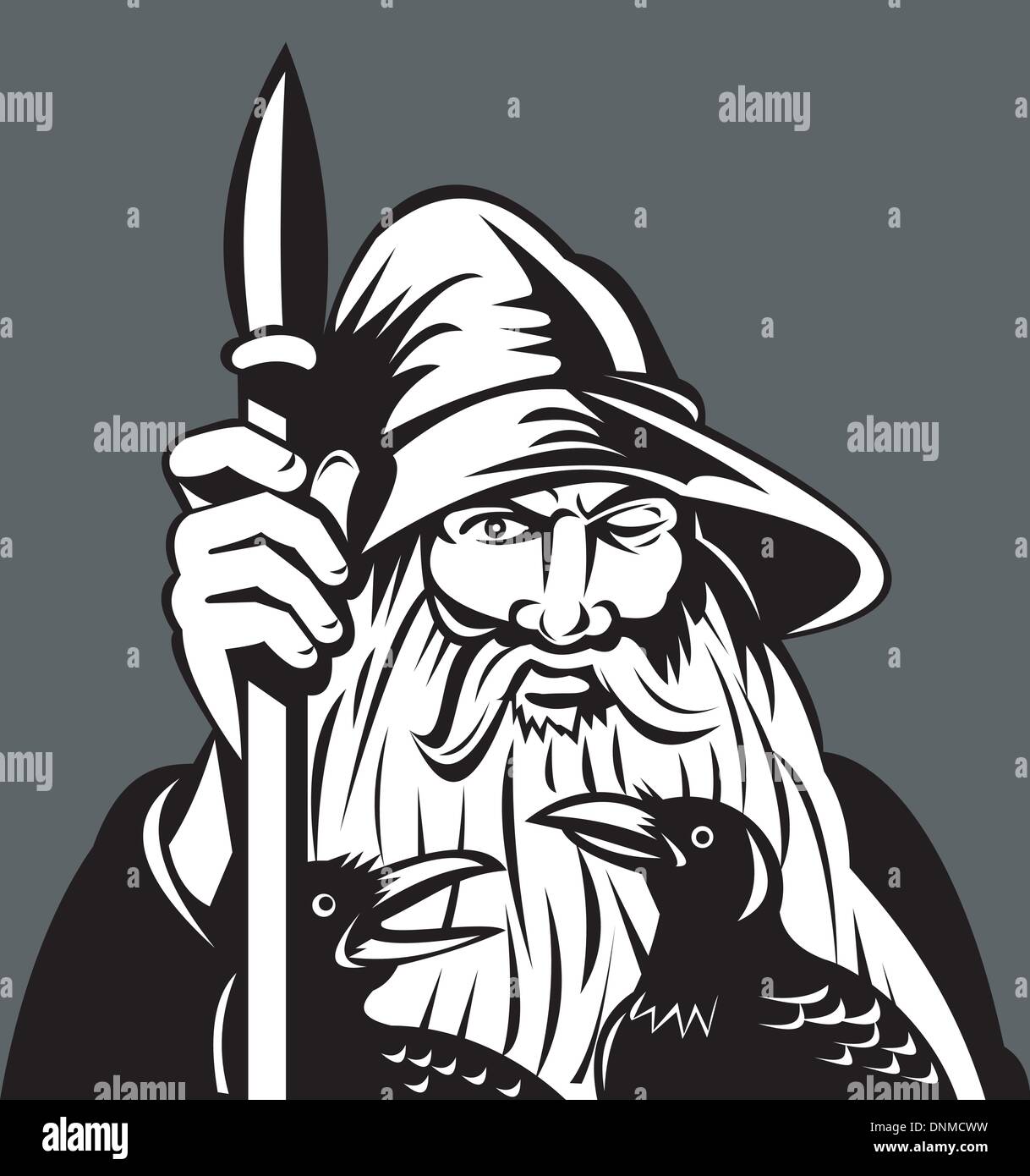 illustration of a Norse God Odin holding spear with ravens Stock Vector ...