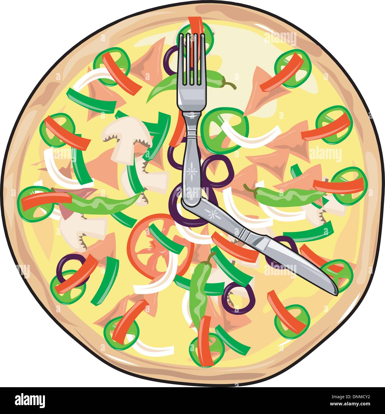 Illustration of a pizza pie clock with fork and knife as minute and ...