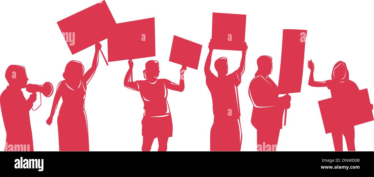 illustration of activists protestors with placard signs protesting ...