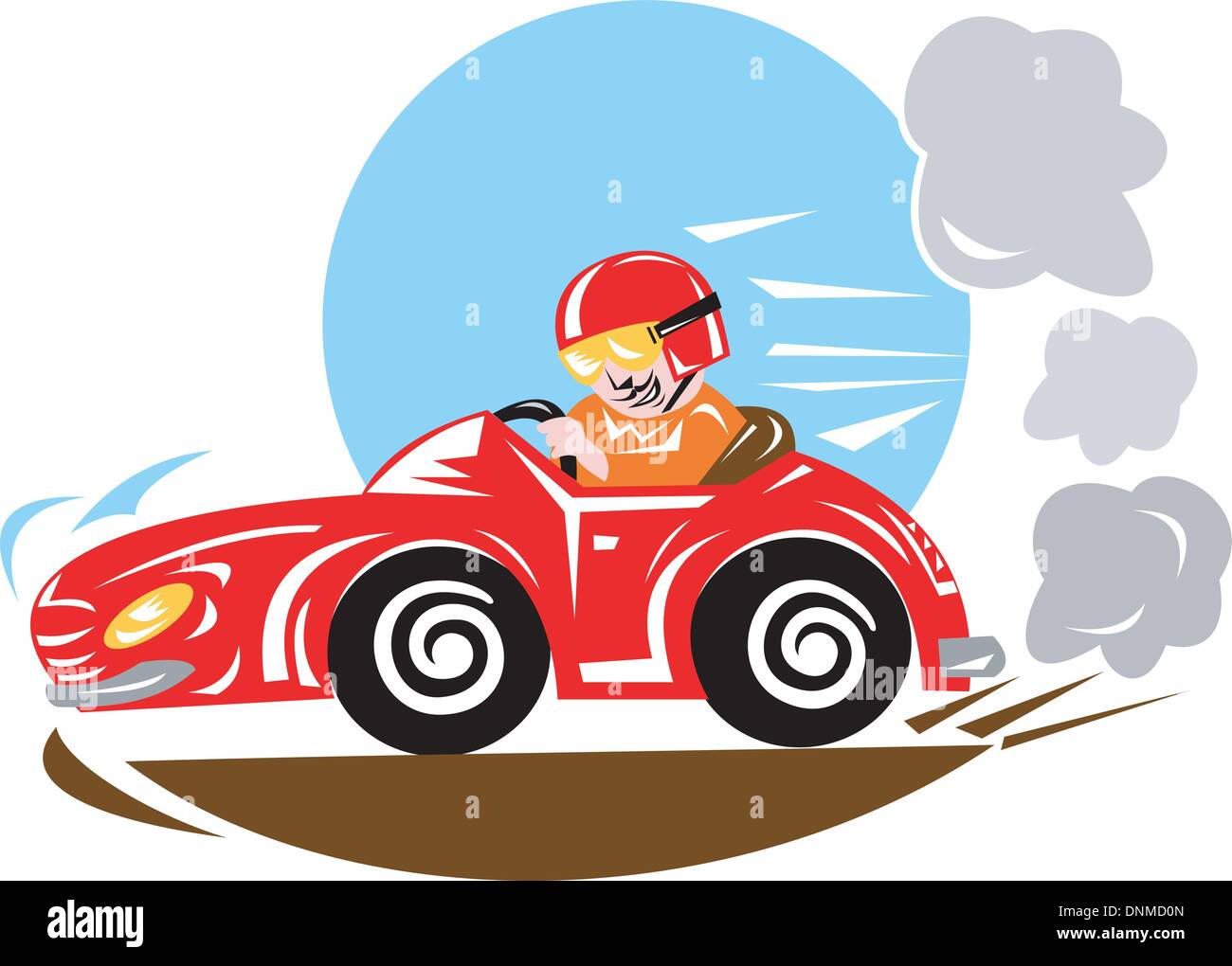 Illustration of driver driving red race car done in retro style Stock ...