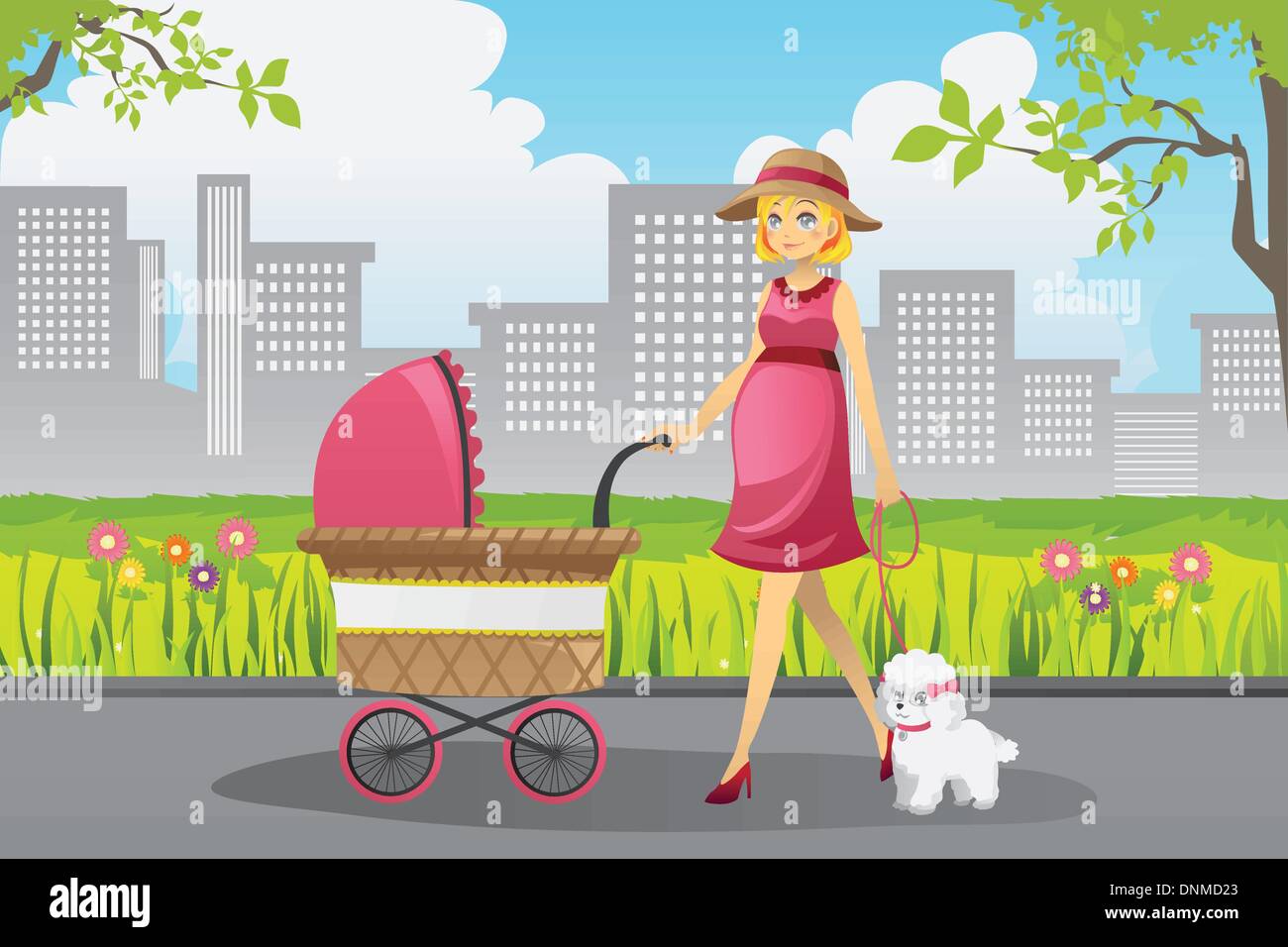 Cartoon mother pushing baby stroller hi-res stock photography and ...