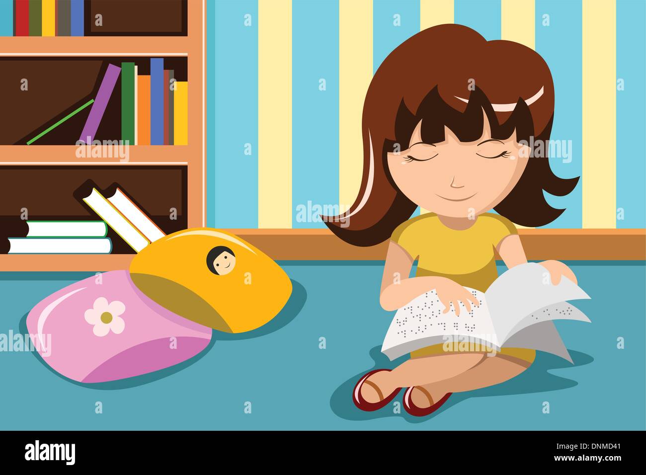 A vector illustration of blind little girl reading a book in braille ...
