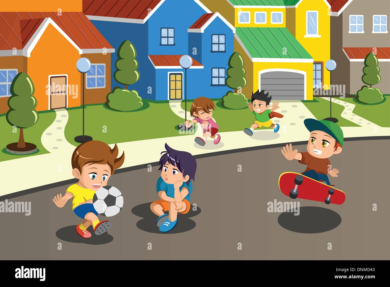A vector illustration of happy kids playing in the street of a suburban ...