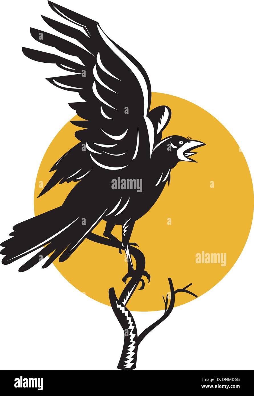 Illustration of a black raven perched on a branch done in retro woodcut ...