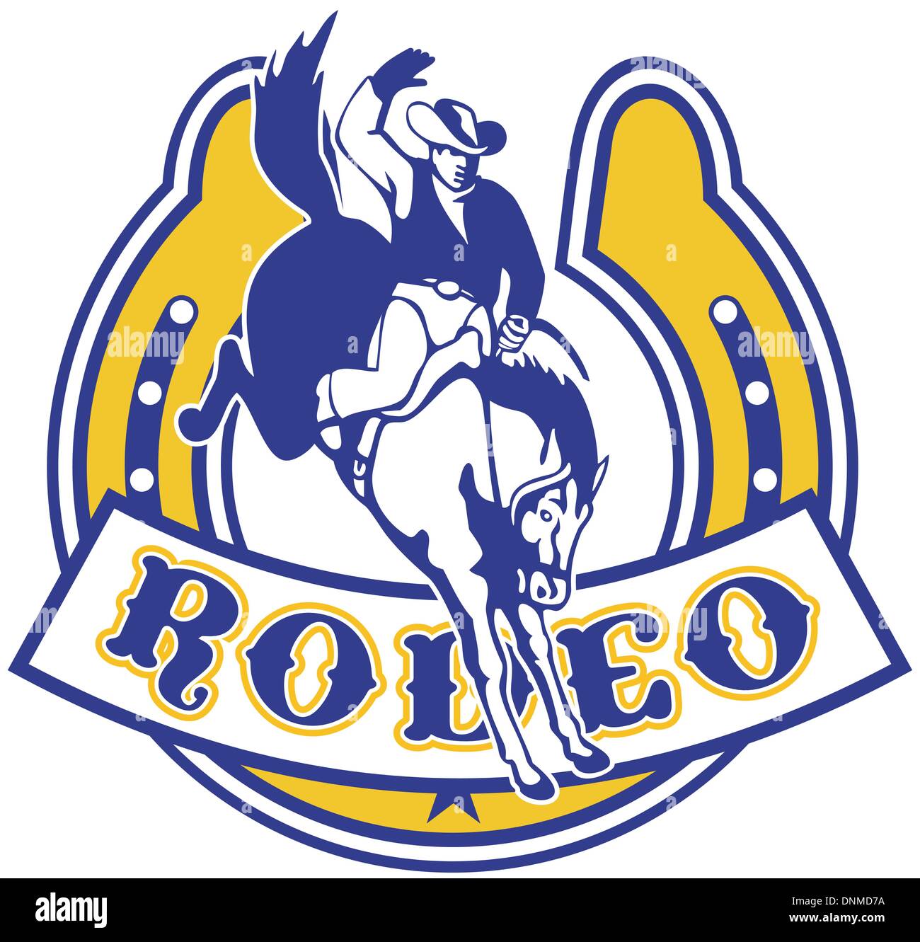 retro style illustration of a Rodeo Cowboy riding a jumping bronco ...