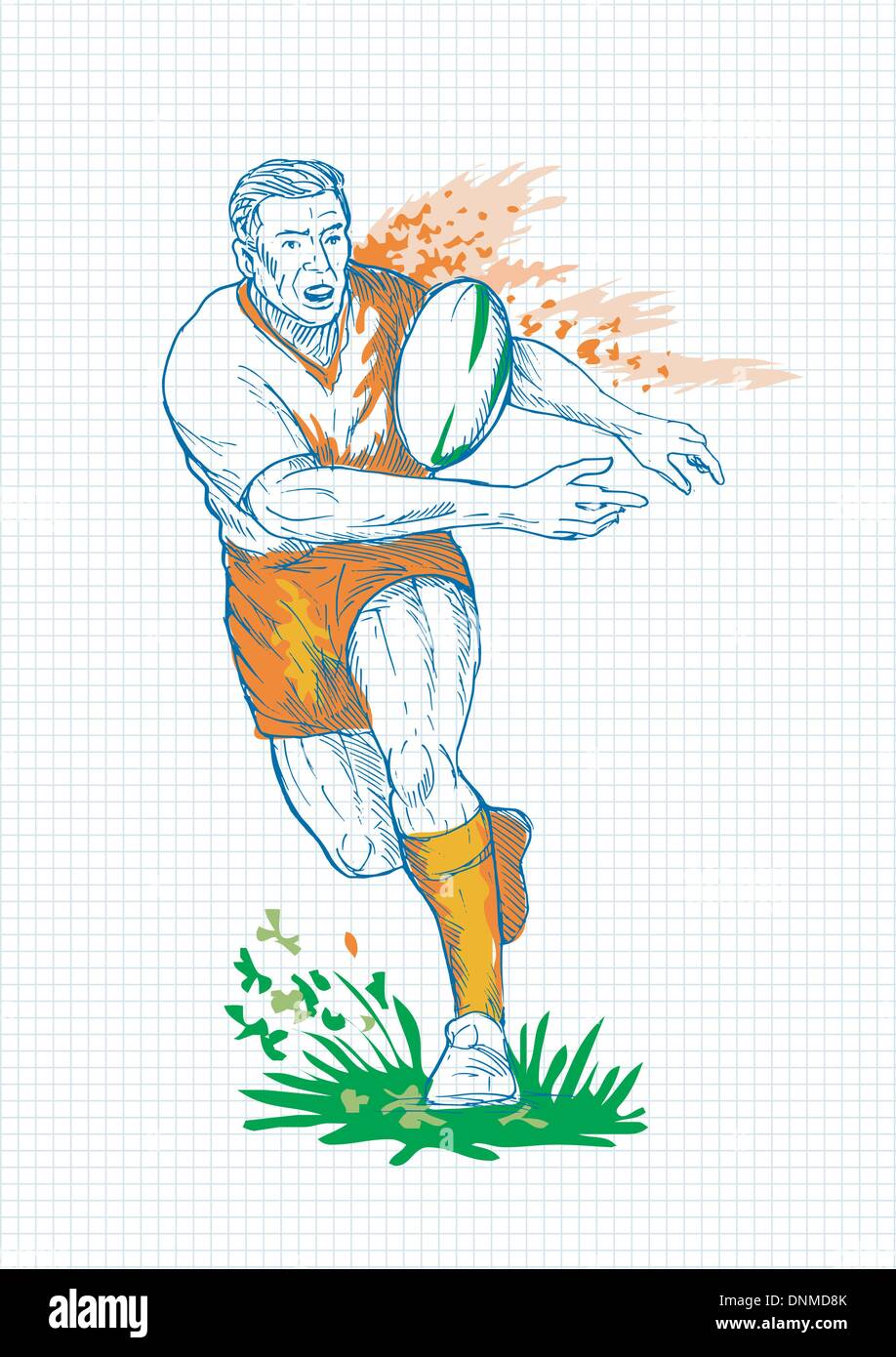 illustration of a hand sketch Rugby player running and passing ball ...