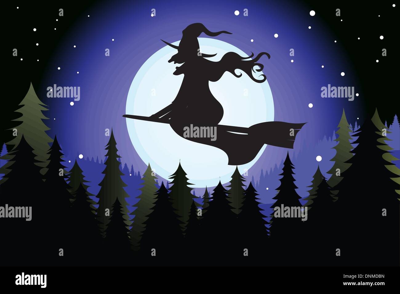 A Halloween concept vector illustration of a witch riding a broom Stock ...