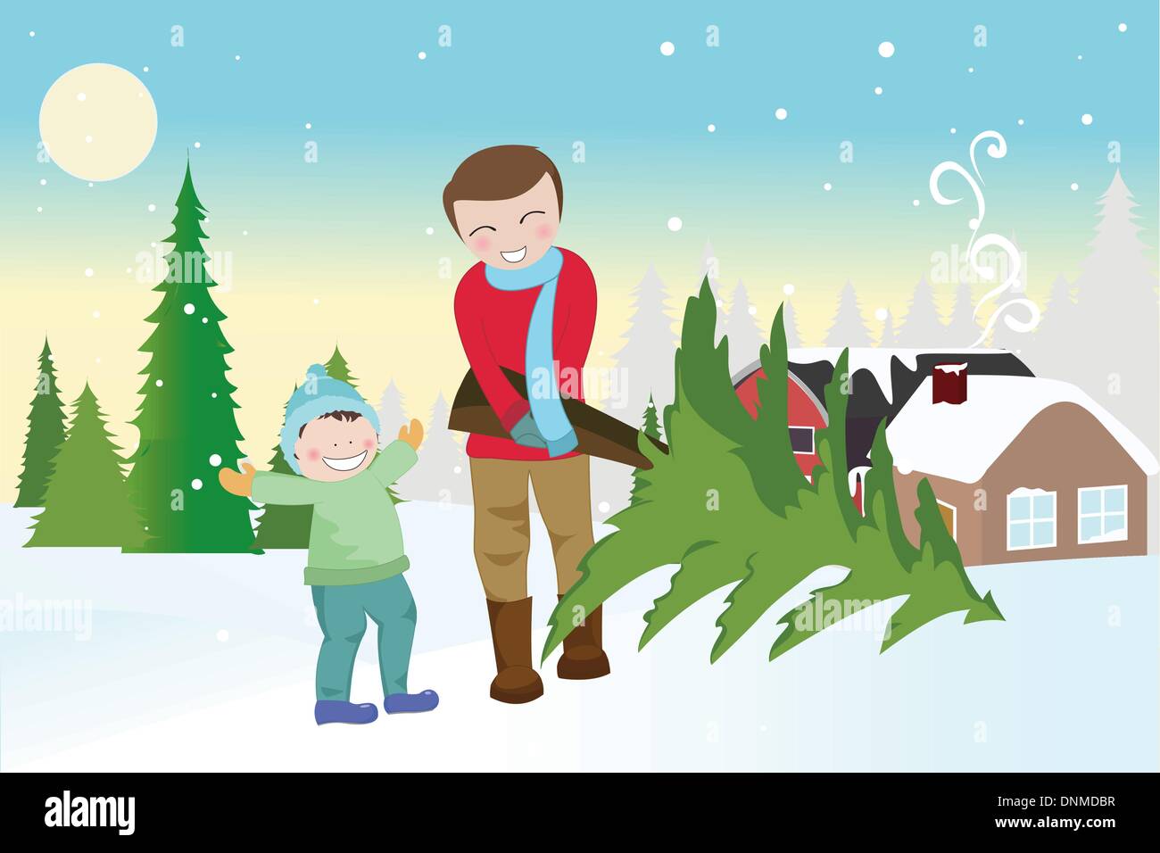 A vector illustration of a father and a son carrying a christmas tree ...