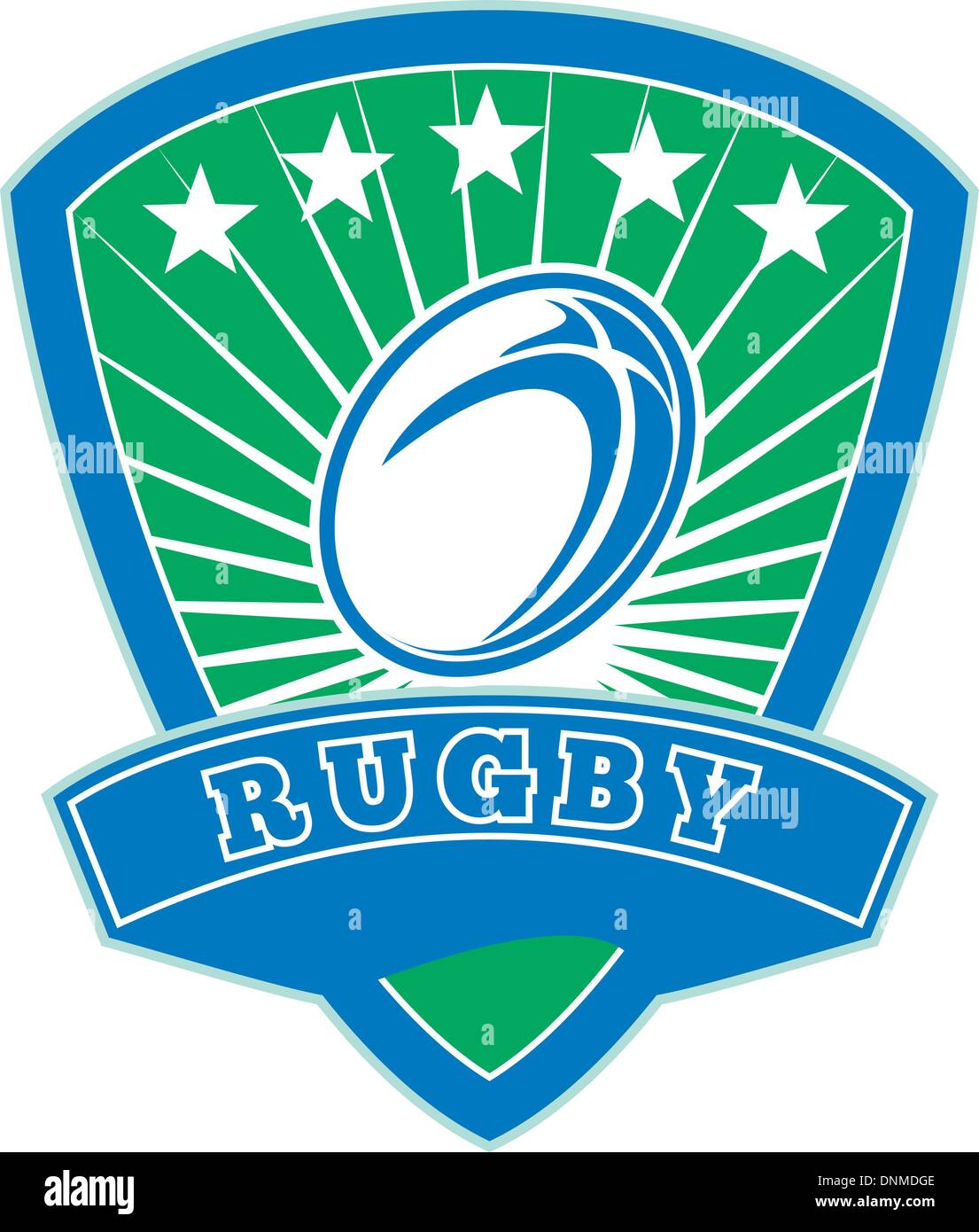 illustration of a rugby ball with stars and sunburst set inside shield ...