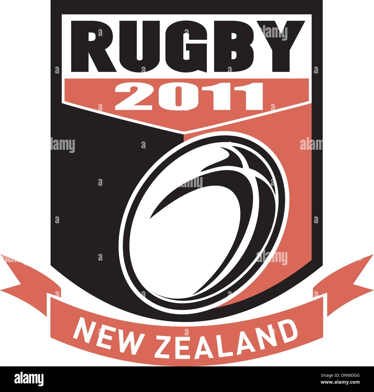 illustration of a rugby ball set inside shield with ribbon scroll and ...