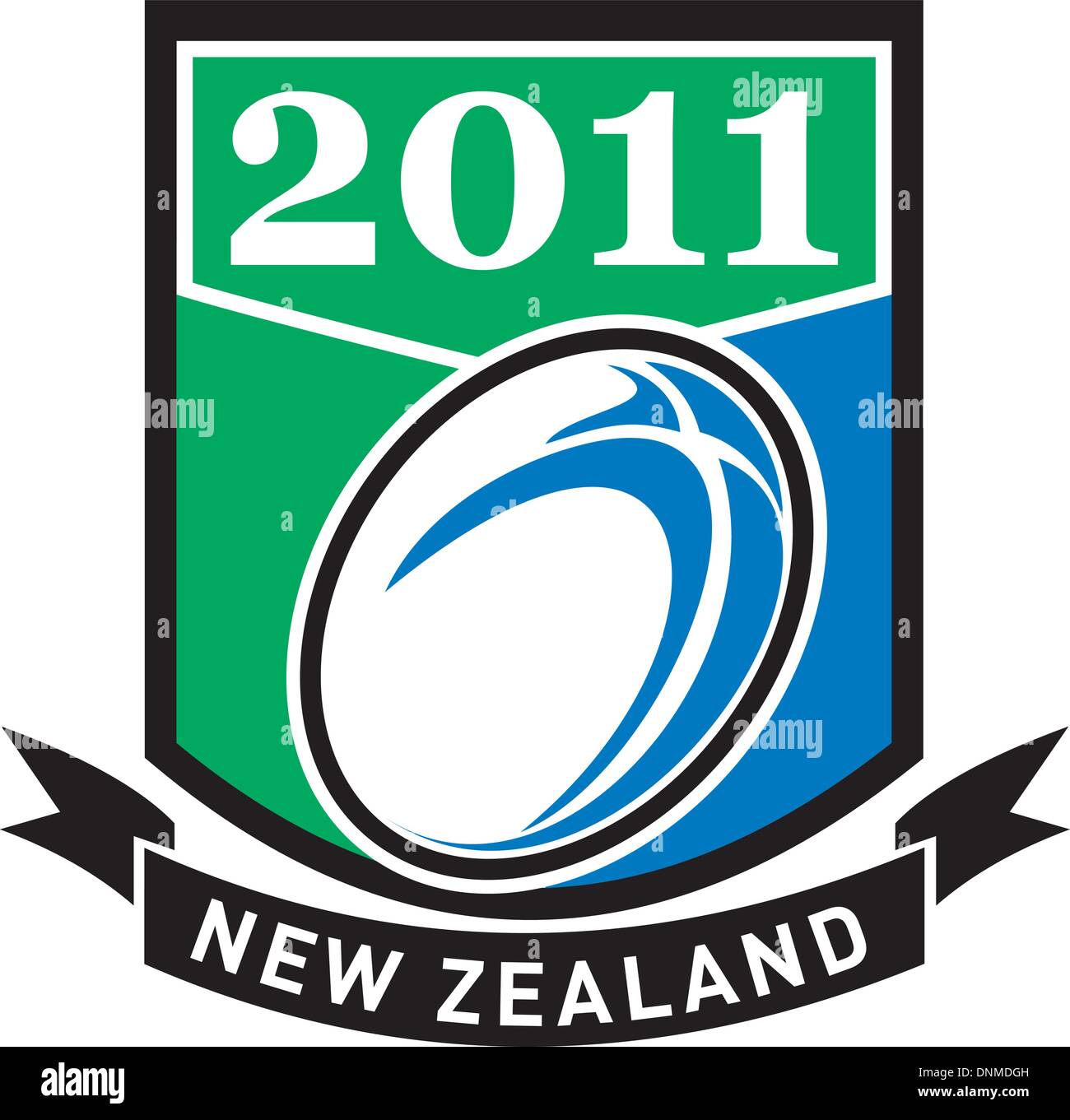 illustration of a rugby ball set inside shield with ribbon scroll and ...