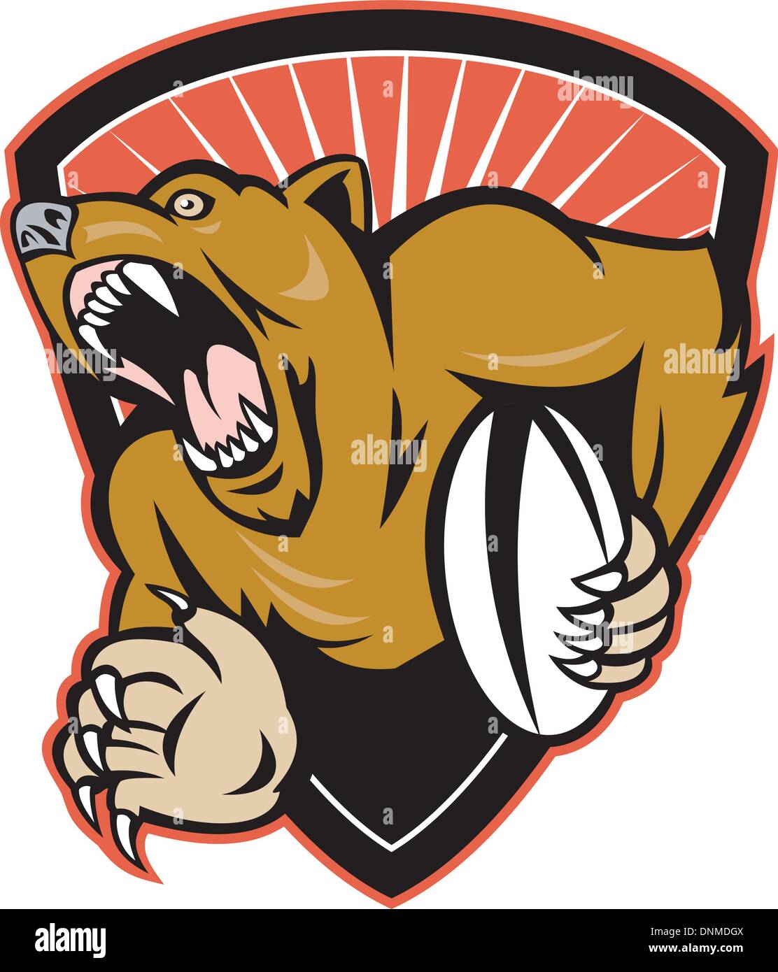 illustration of a grizzly or brown bear rugby player fending with ball ...