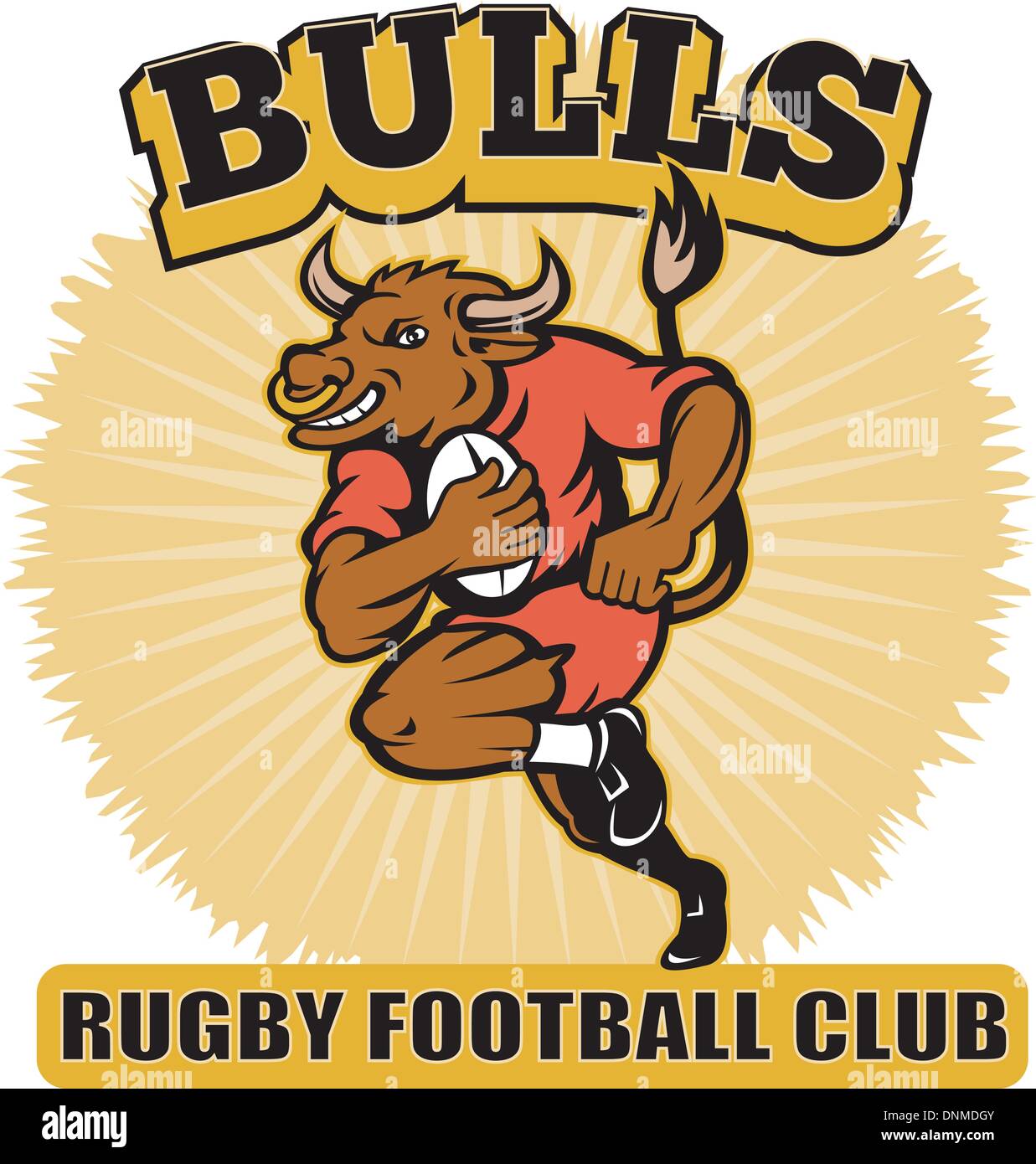 illustration of a cartoon bull playing rugby running with ball with ...