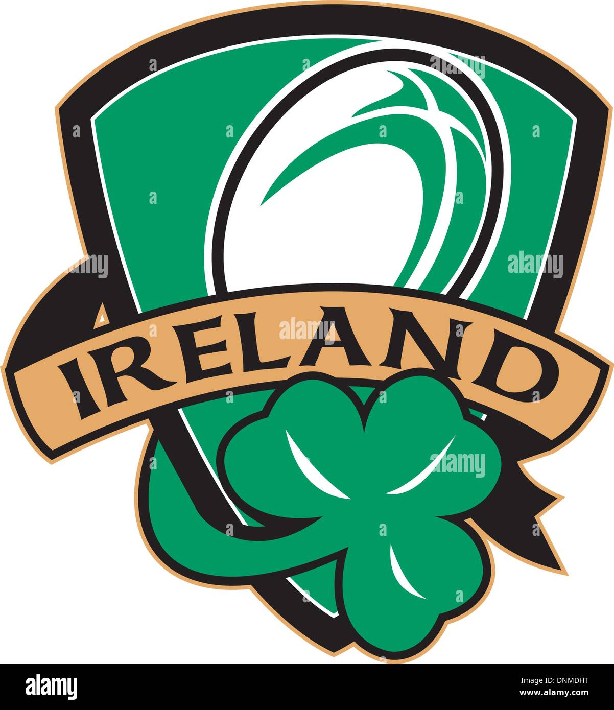illustration of a shield with rugby ball and shamrock with words ...
