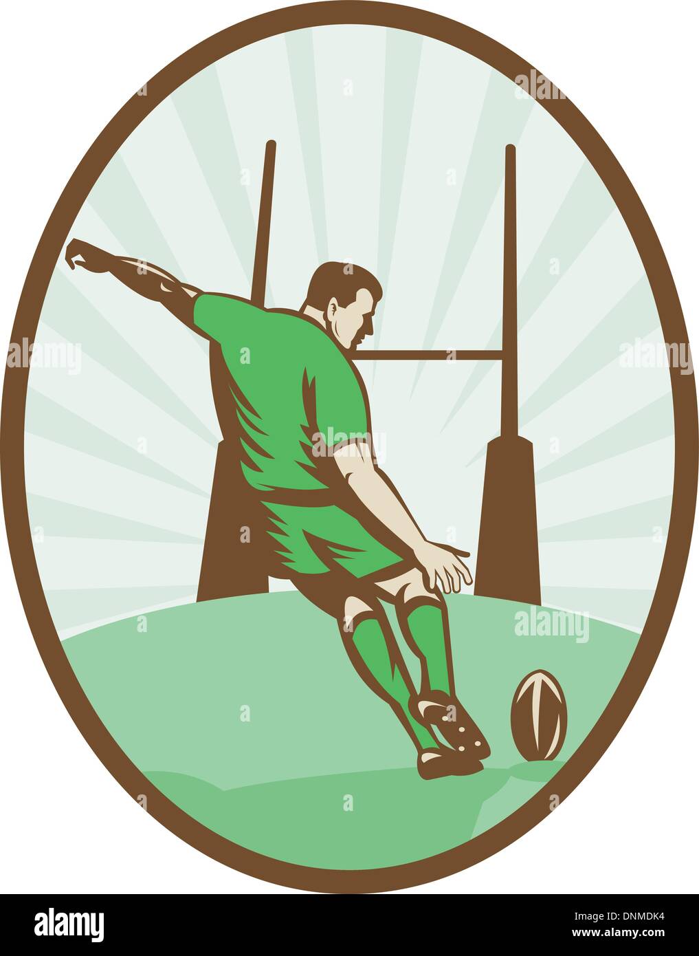 illustration of a Rugby player kicking ball at goal post viewed from ...