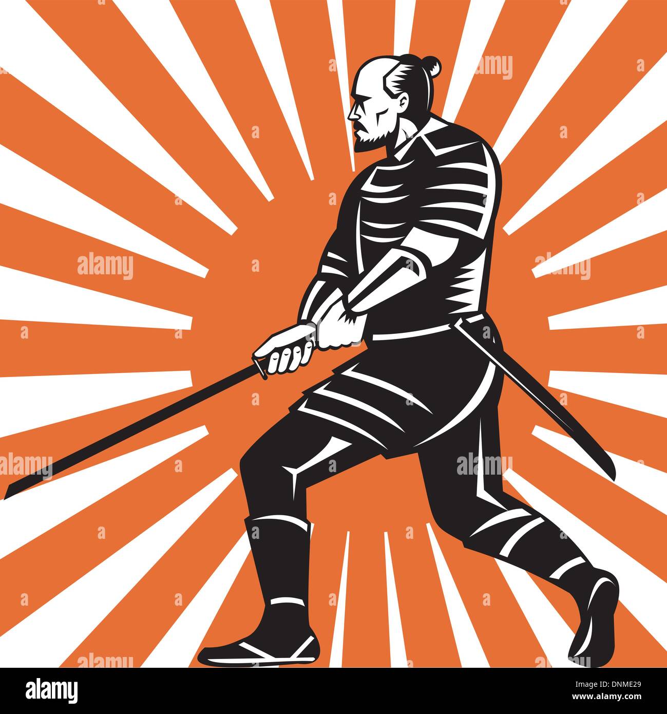 illustration of samurai warrior with sword in fighting stance facing ...