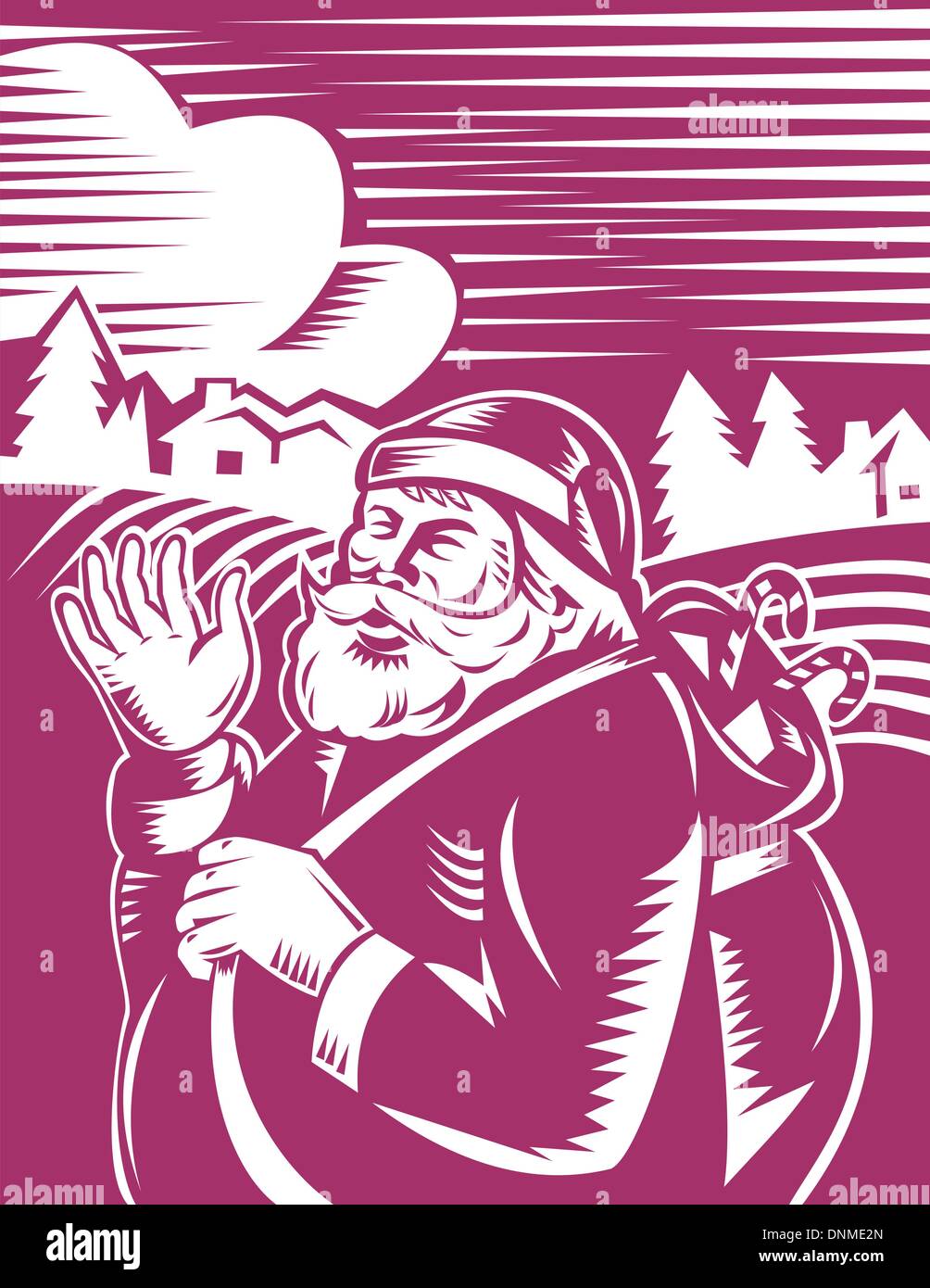 illustration of Father Christmas Santa Claus waving hello with farm ...
