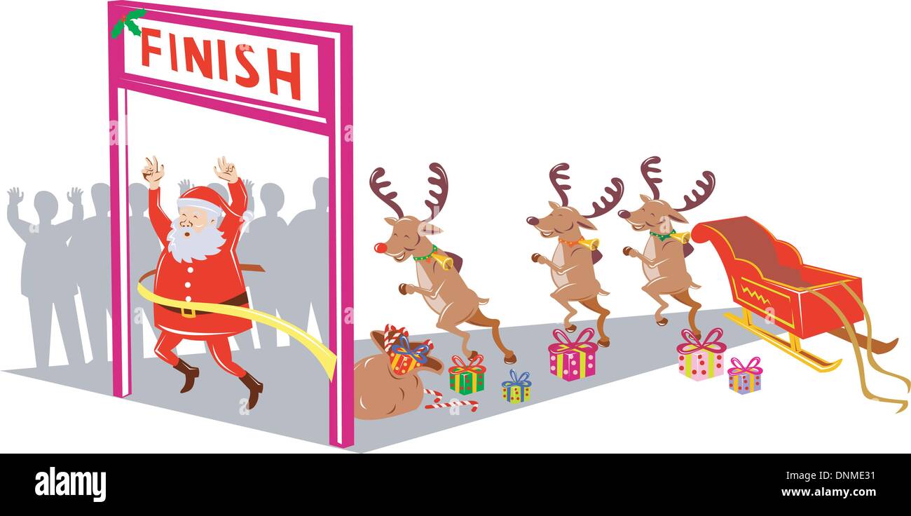 illustration of Father Christmas Santa Claus running a race on finish ...