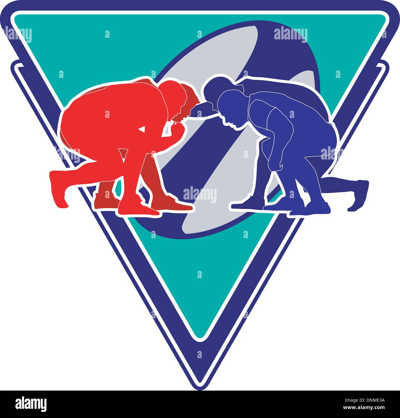 illustration of rugby players engaged in a scrum with ball and shield ...