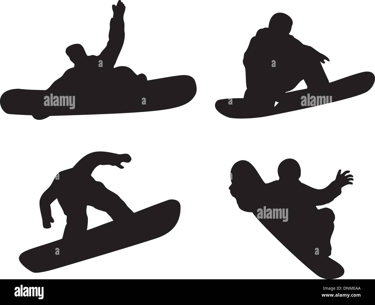 Illustration of person snowboarding silhouette set in isolated white ...