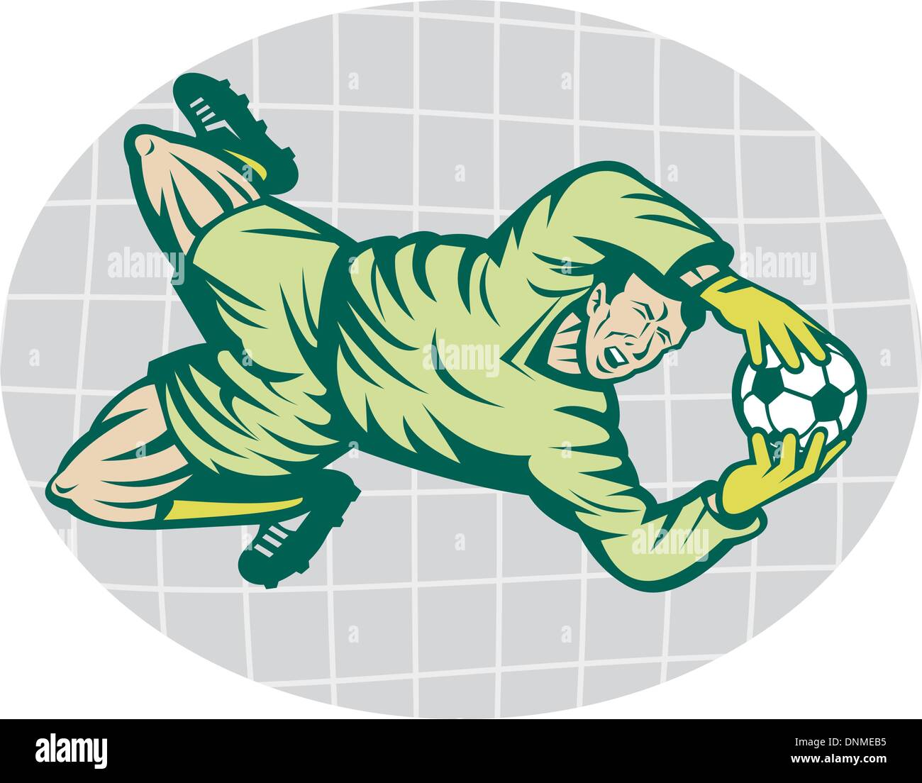 illustration of a Soccer football goalie keeper saving a goal with net ...