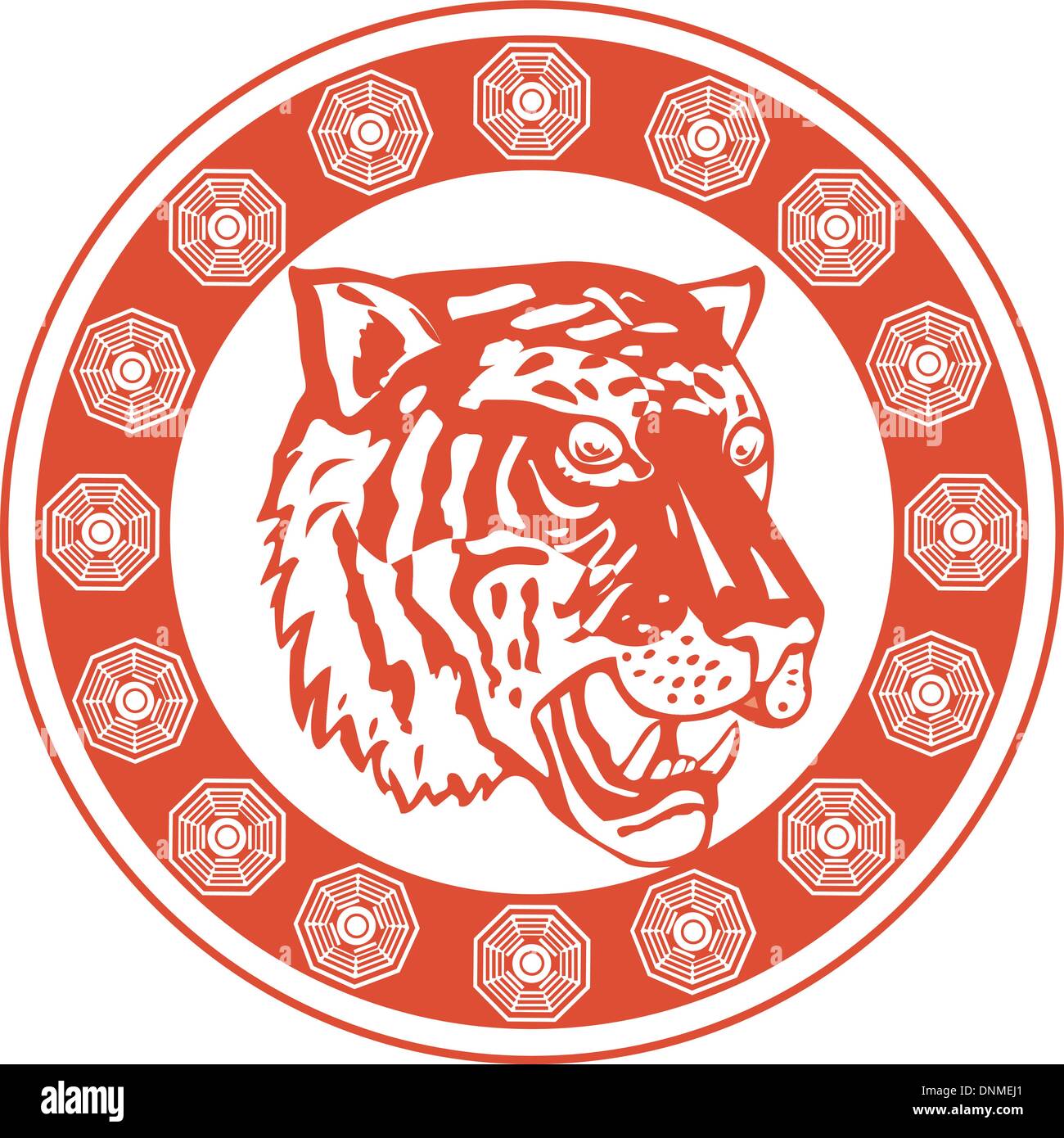 illustration of a tiger head facing front set inside a decorative ...