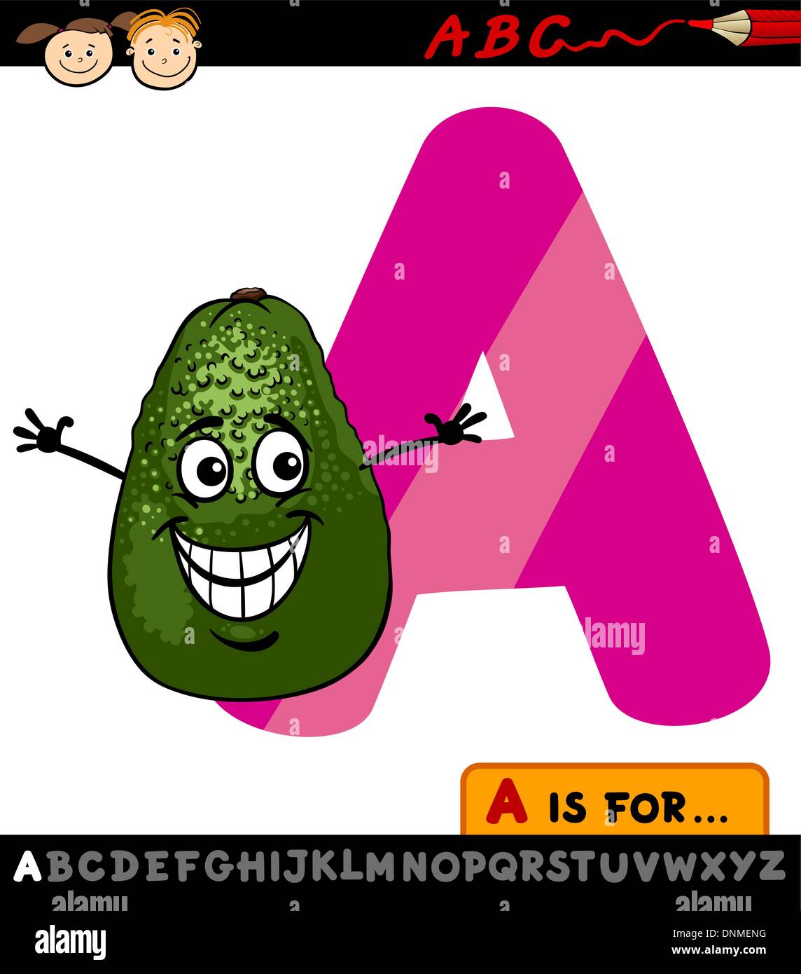Cartoon Illustration of Capital Letter A from Alphabet with Avocado ...