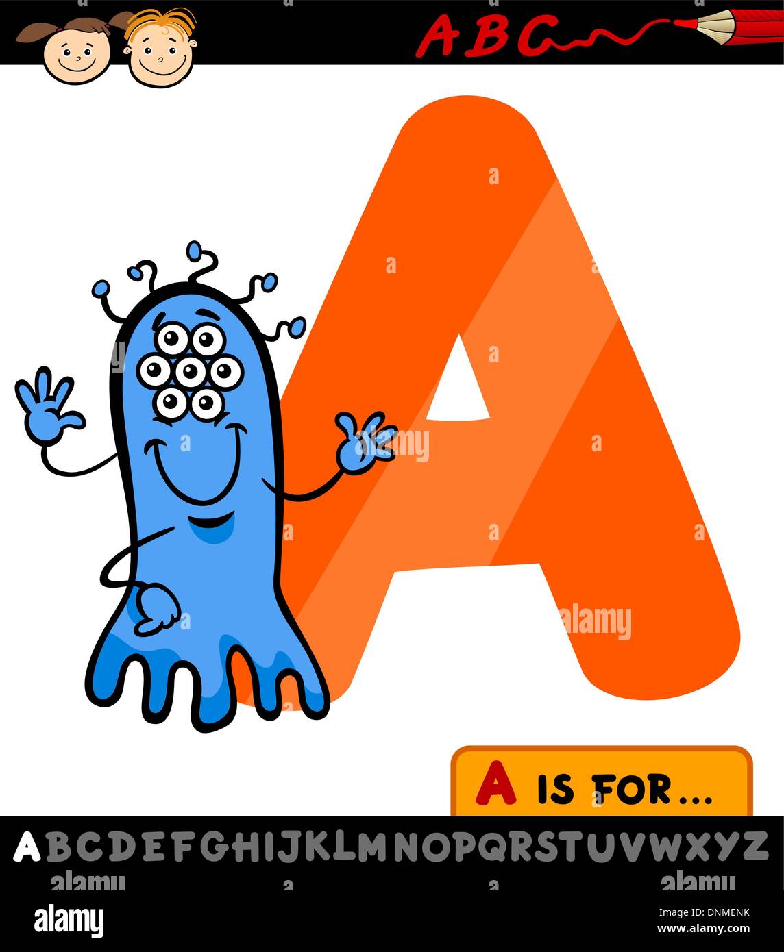 Cartoon Illustration of Capital Letter A from Alphabet with Alien for ...