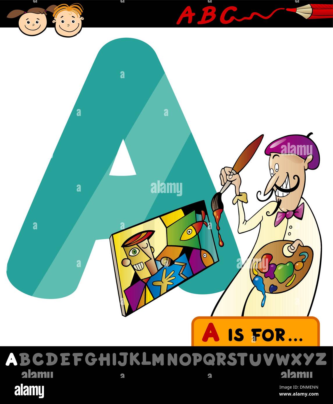 Cartoon Illustration of Capital Letter A from Alphabet with Artist for ...