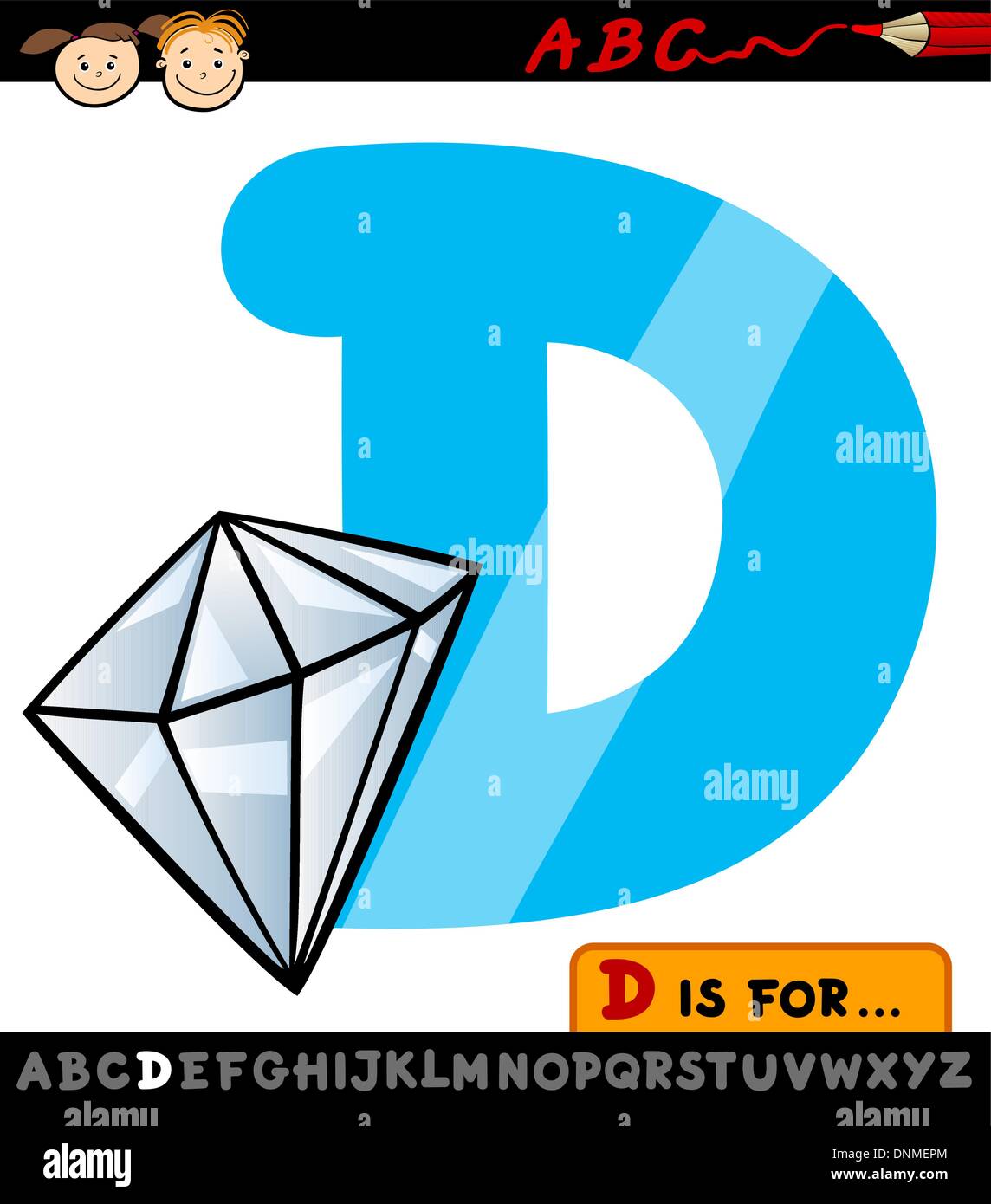 Cartoon Illustration of Capital Letter D from Alphabet with Diamond for ...
