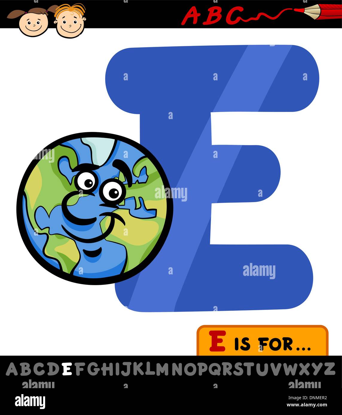 Cartoon Illustration of Capital Letter E from Alphabet with Earth for ...