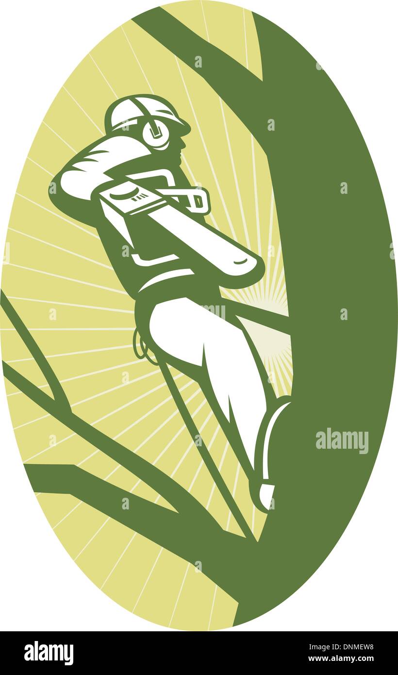 illustration of a tree surgeon or arborist chainsaw cutting tree done ...