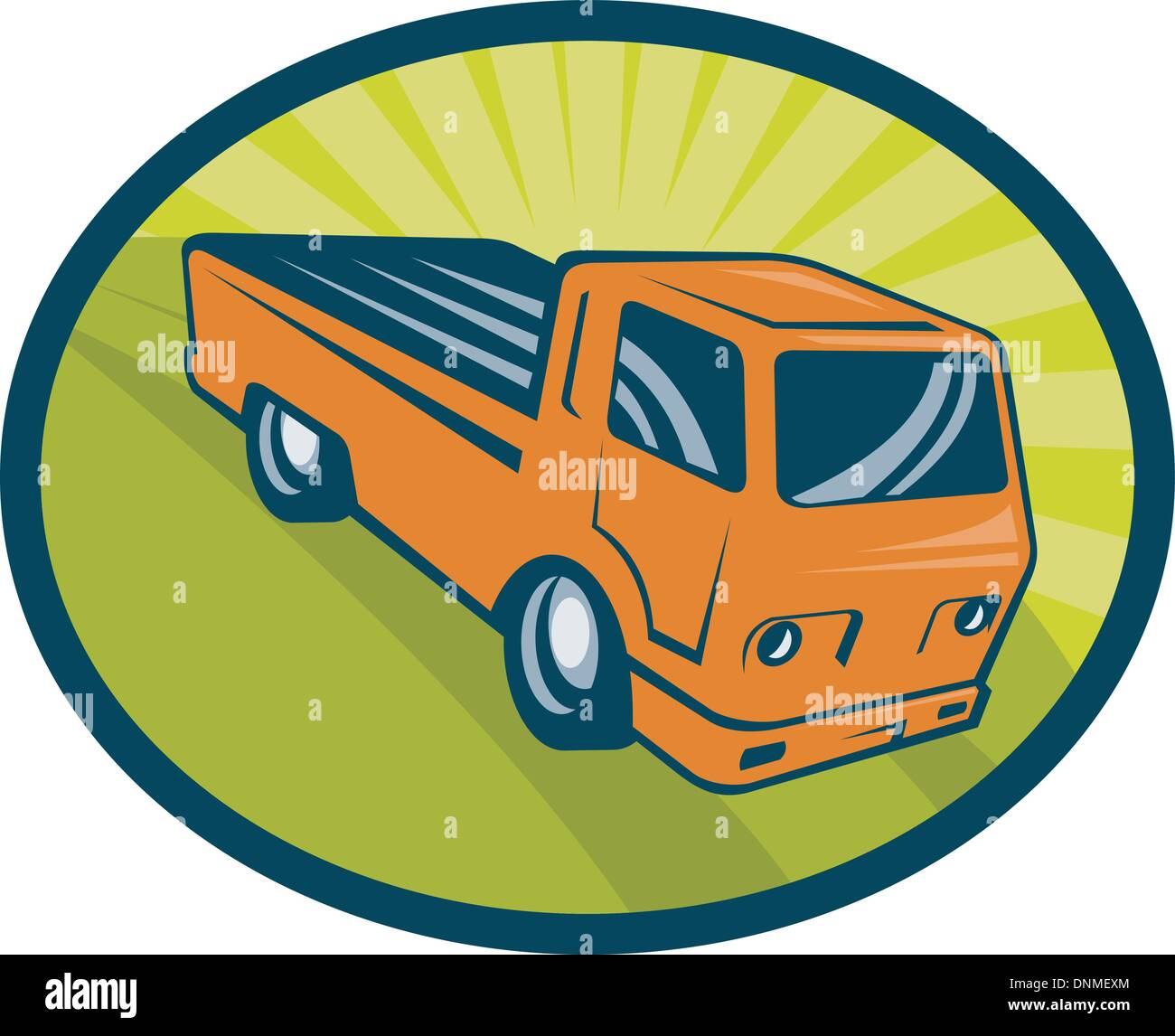 illustration of a Vintage pick-up cargo truck set inside an oval Stock ...