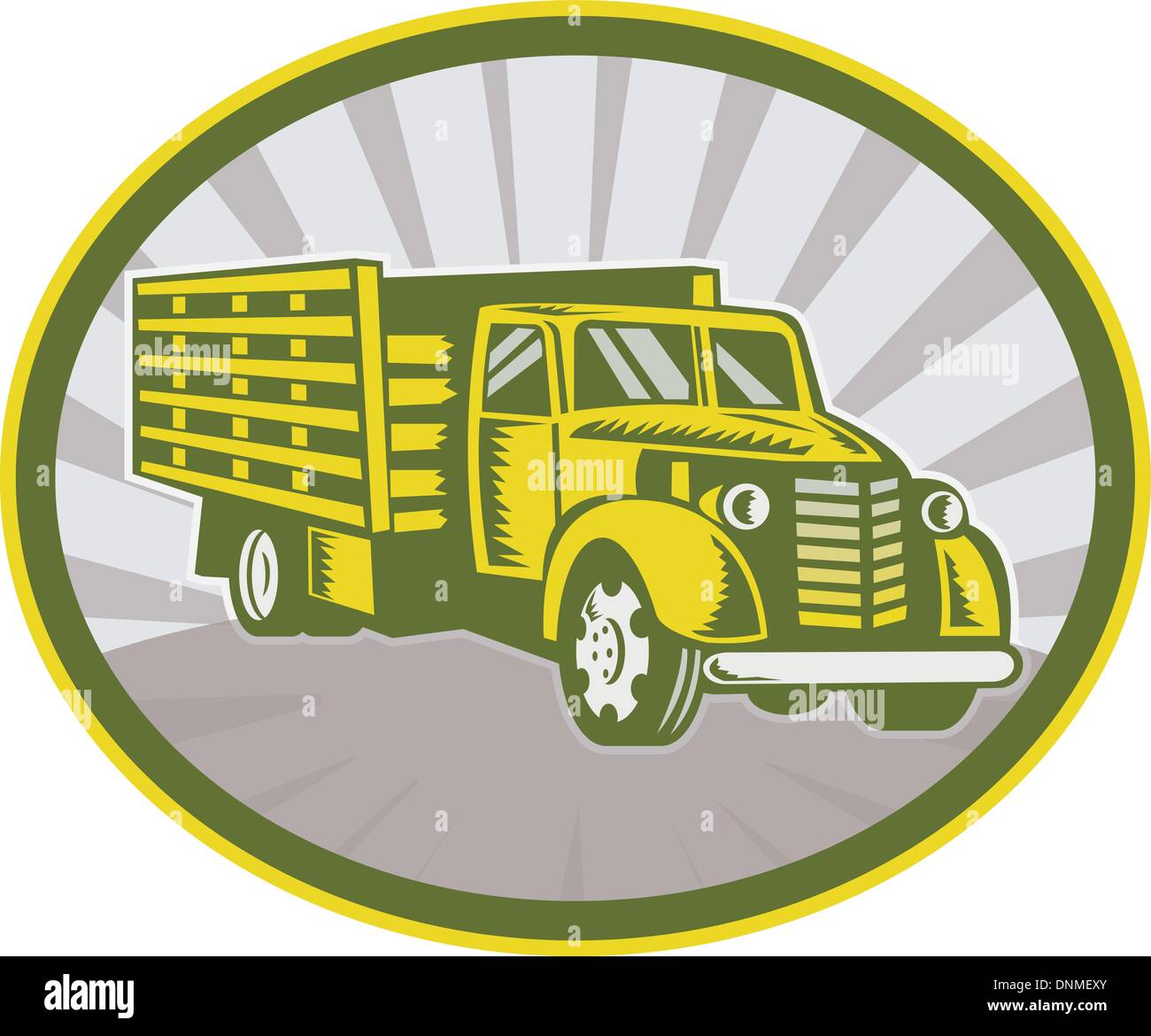 illustration of a Vintage pick-up cargo truck set inside an oval Stock ...
