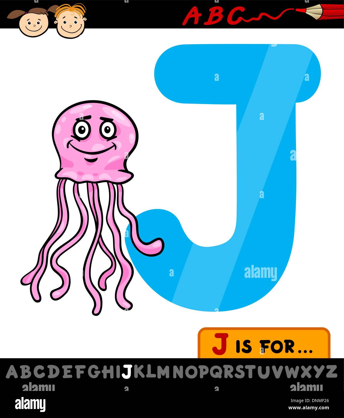Cartoon Illustration of Capital Letter J from Alphabet with Jellyfish ...