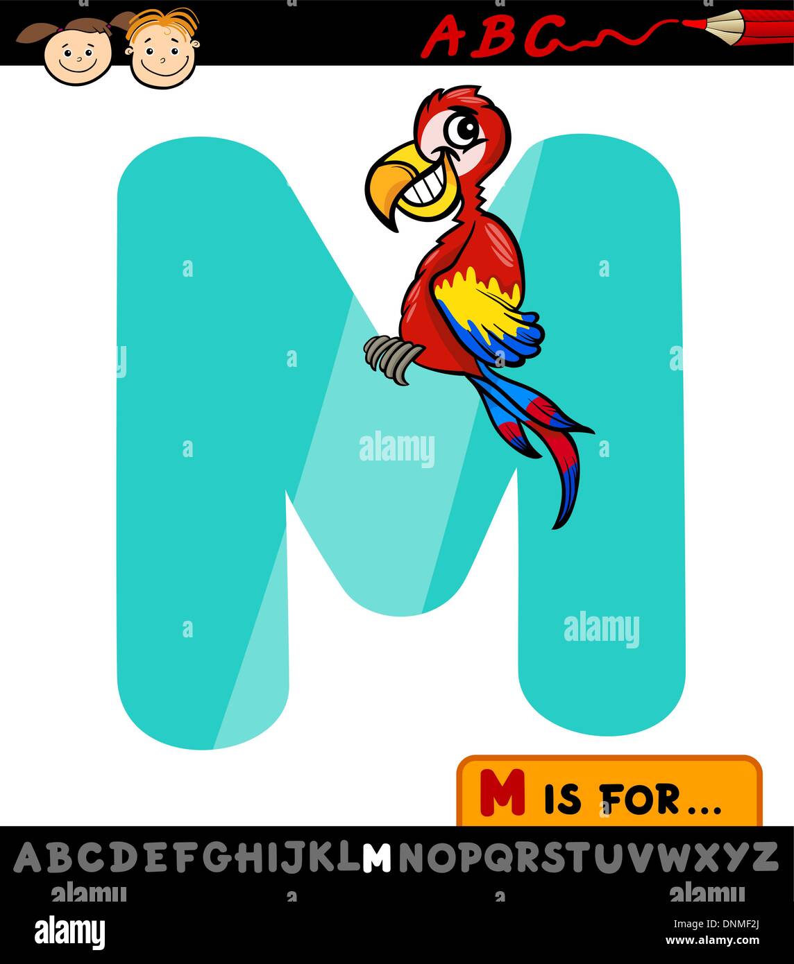 Cartoon Illustration of Capital Letter M from Alphabet with Macaw for ...